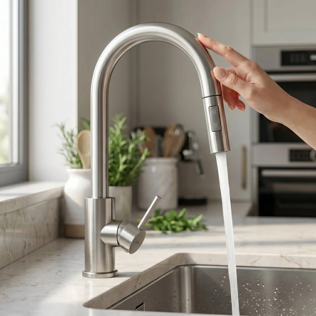 Rea Fresh Touch, vysoká kuchyňská baterie s výsuvnou 2-funkční sprškou, broušená ocel, REA-B6735