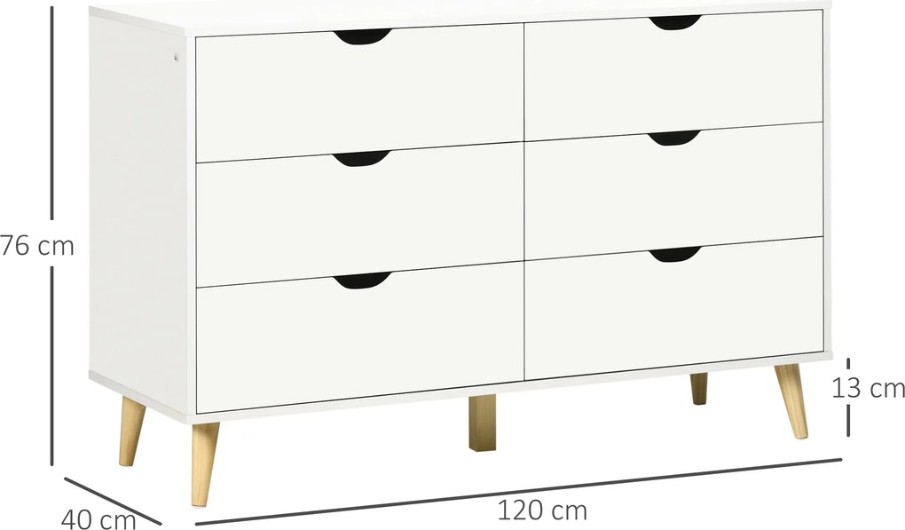 HOMCOM zásuvkový komoda s 6 zásuvkami pro kuchyň, ložnici, obývací pokoj, studium - moderní styl, systém proti převrhnutí 120x40x76 cm bílá