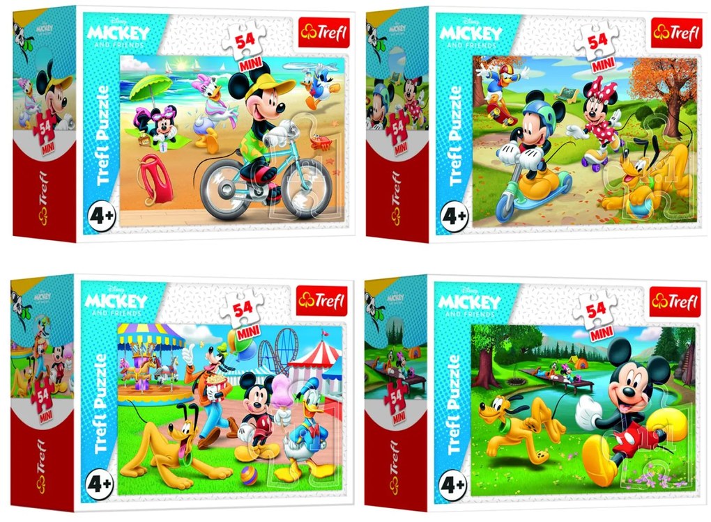 Trefl Minipuzzle 54 dílků Mickey Mouse Disney/ Den s přáteli 4 druhy v krabičce 9x6,5x4cm 40ks v boxu