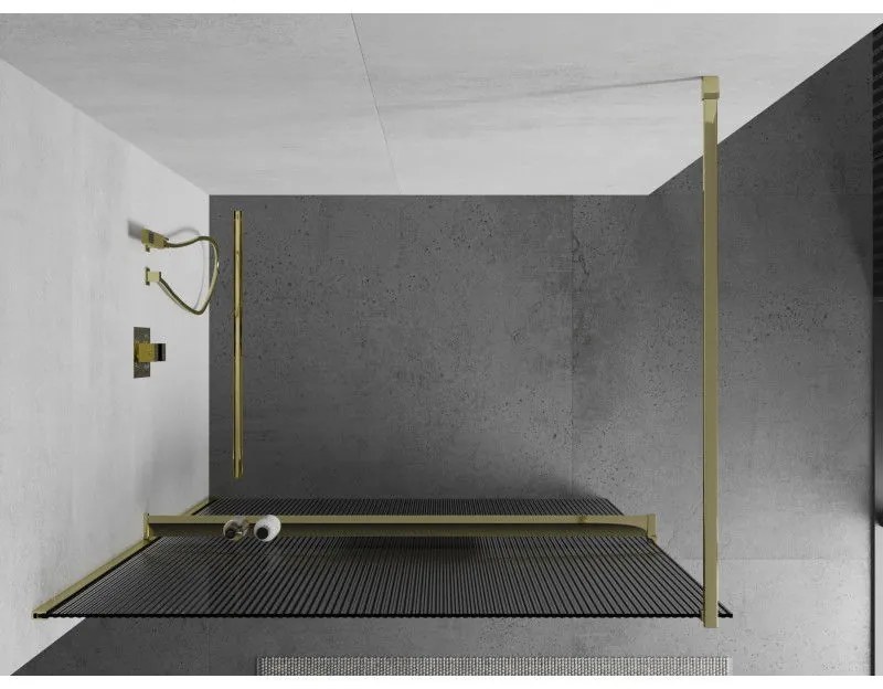 Mexen Kioto, sprchová zástěna s poličkou a ramínkem na ručníky 110 x 200 cm, 8mm sklo s žebrovým vzorem, zlatý profil, 800-110-121-50-09