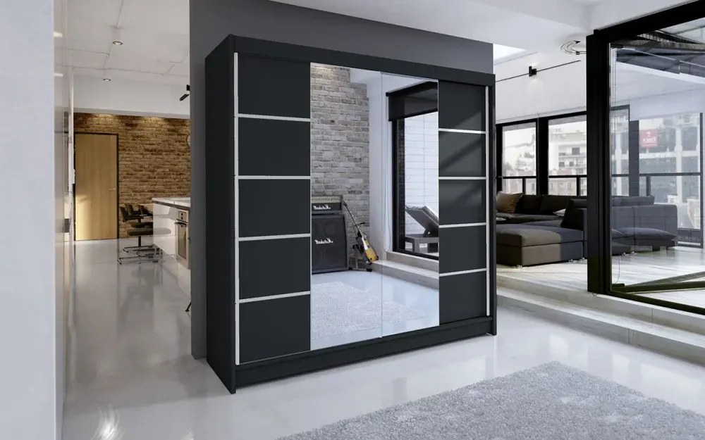 Posuvná skříň s zrcadlem TRAVES 180 černá (180 x 215) cm – 6 polic pro přehledné uložení
