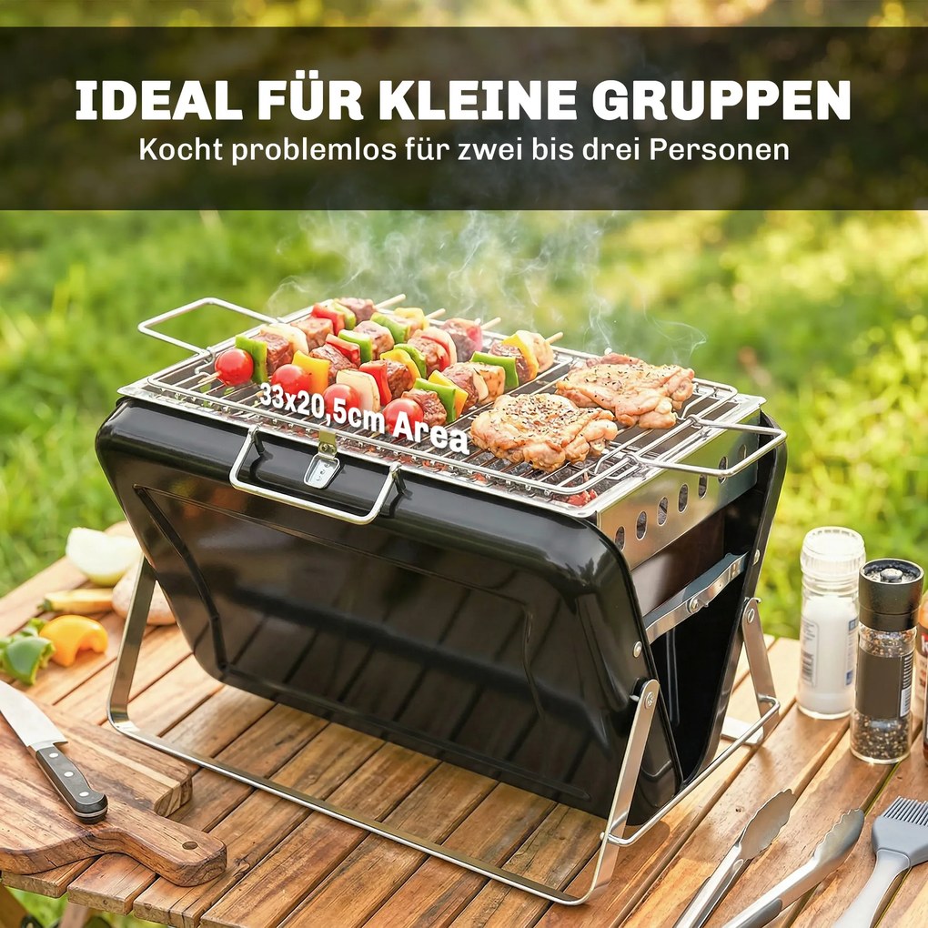 Gril na dřevěné uhlí z nerezové oceli BBQ udírna s grilovacím roštem rukojeť skládací nohy pro grilování kempování 40x28x25,5cm černá