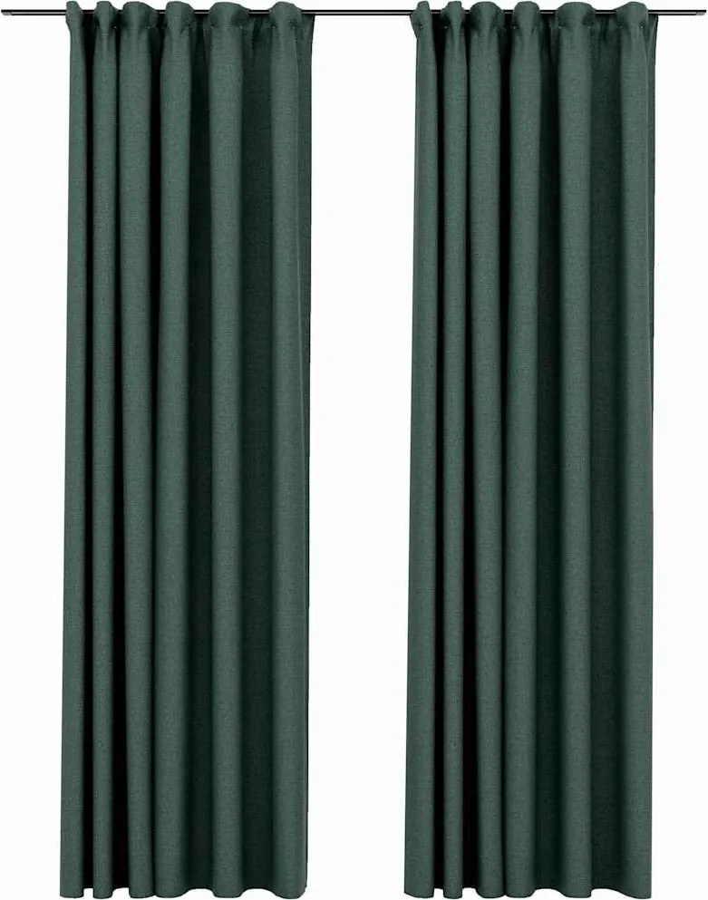 Zatemňovací závěsy s háčky vzhled lnu 2 ks zelené 140 x 225 cm 321189