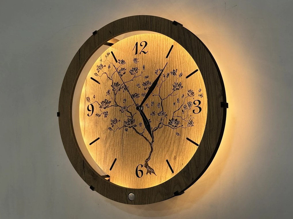 Li-Go "Azalka" světelné hodiny 230V/12V/dub velikost svítidla/hodin: 31 cm