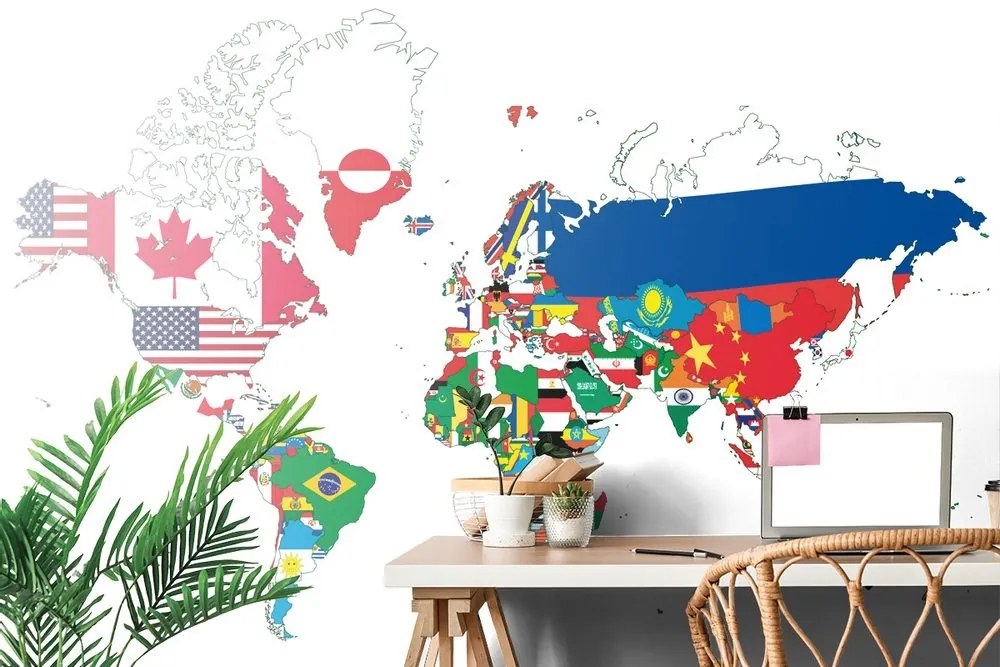 Samolepící tapeta mapa světa s vlajkami s bílým pozadím - 225x150 cm