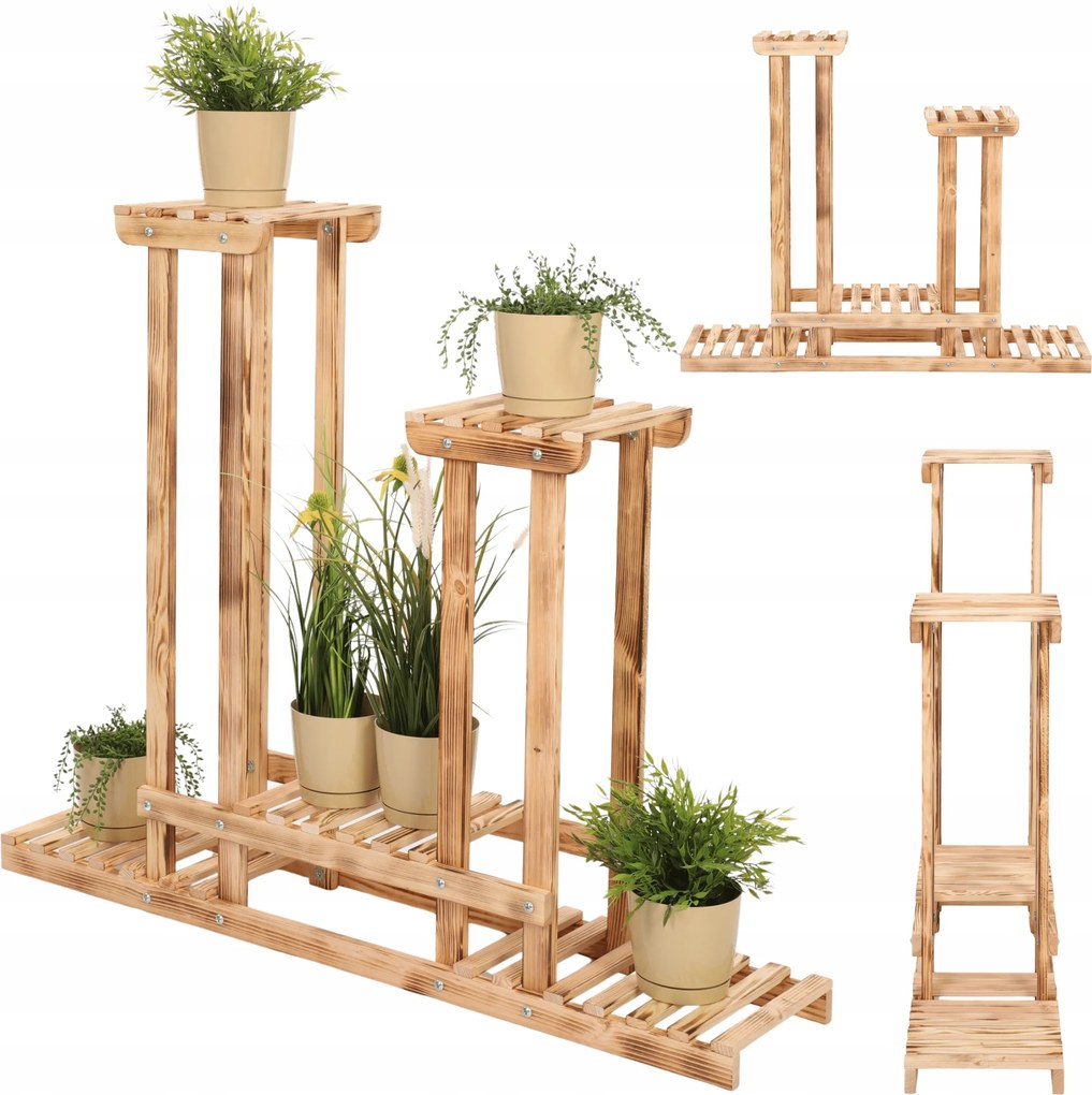 Držák Na Květináč stojící, vysoký stojan na květiny, dřevěný víceúrovňový regál, eko