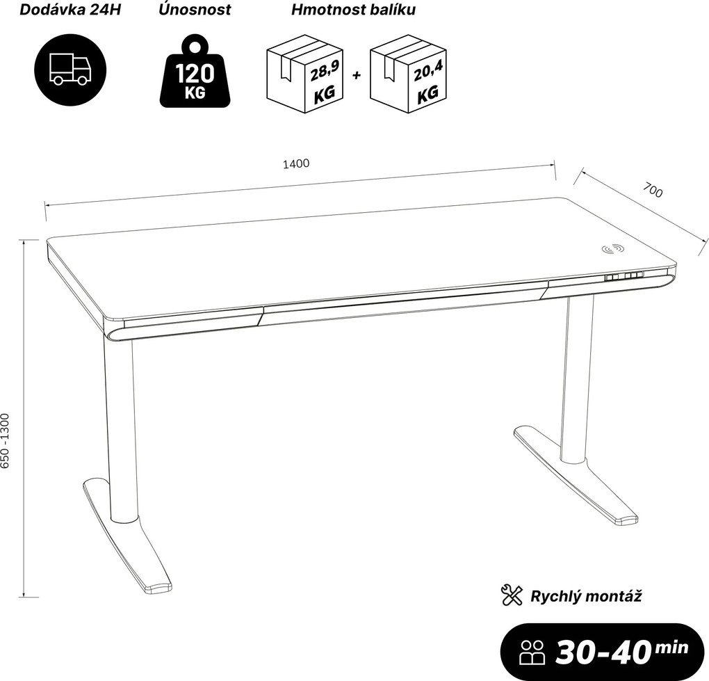 Elektrický psací stůl sit-stand se zásuvkou a bezdrátovou nabíječkou Qi černý, 1400 mm: ELLIS