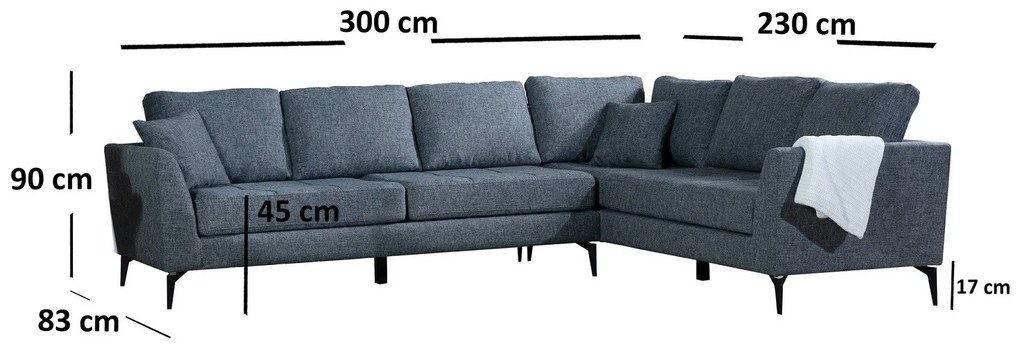 Designová rohová sedačka Wallis 300 cm tmavě šedá - pravá