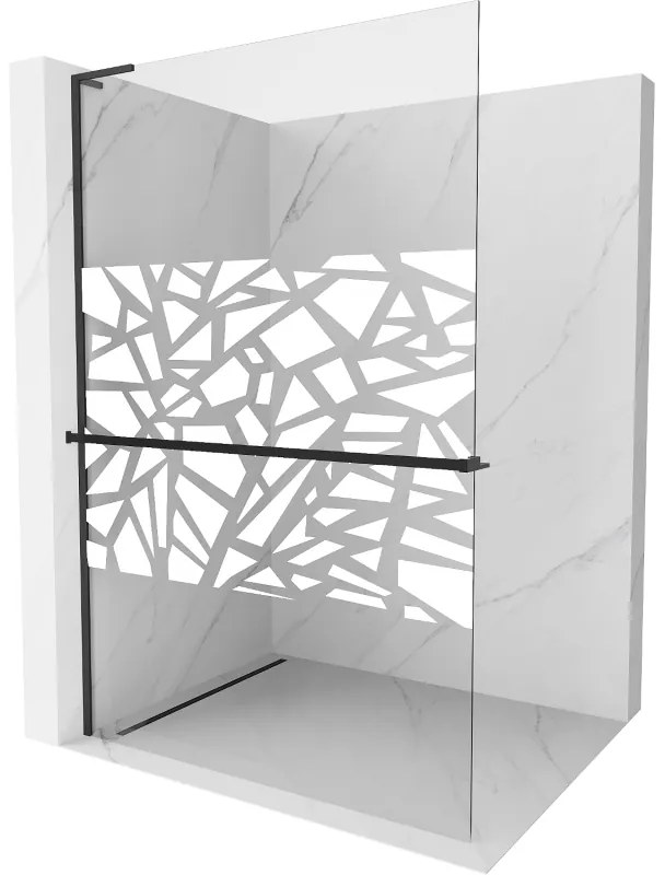 Mexen Kioto+ L, sprchová zástěna Walk-In s poličkou a ramínkem 100 x 200 cm, 8mm čiré sklo bílý vzor, černý profil, 800-100-123-70-85