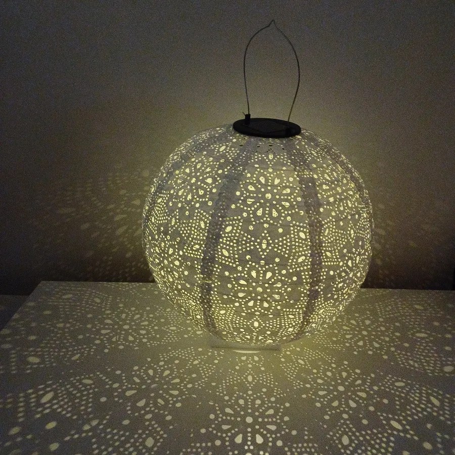 LED lampion solární bílý venkovní 30 cm, teple bílá, látkový papír