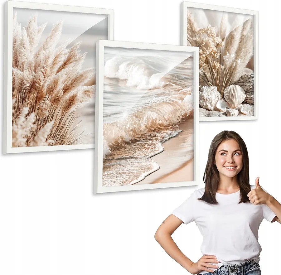 Sada 3 obrazů vzor Boho mušle moře bílá rámeček 40x50 na plexisklo triptych