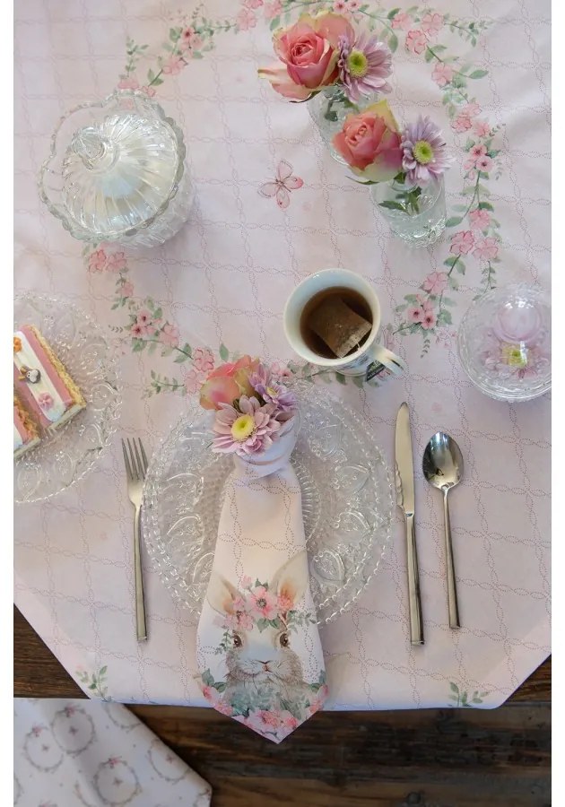 Růžový bavlněný ubrus s králíčkem Floral Easter Bunny - 100*100 cm
