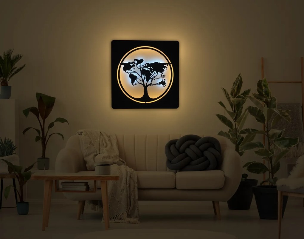 Li-Go "Mapa světa v kruhu" světelný obraz 230V 70x70cm provedení povrchu: dub světlý