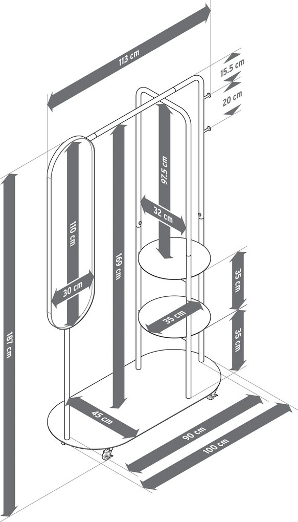 Tchibo - Otevřená šatní skříň na kolečkách s velkým zrcadlem - barva: černá