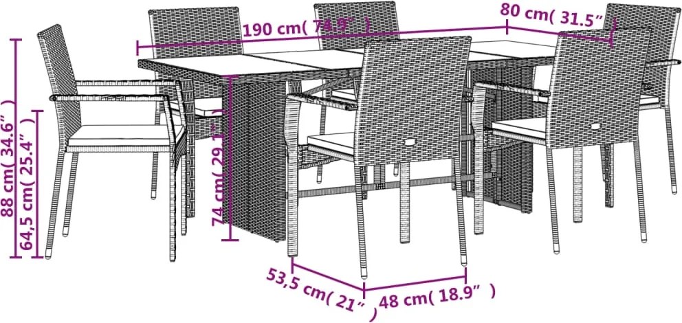 7dílný zahradní jídelní set s poduškami šedý polyratan 3213504