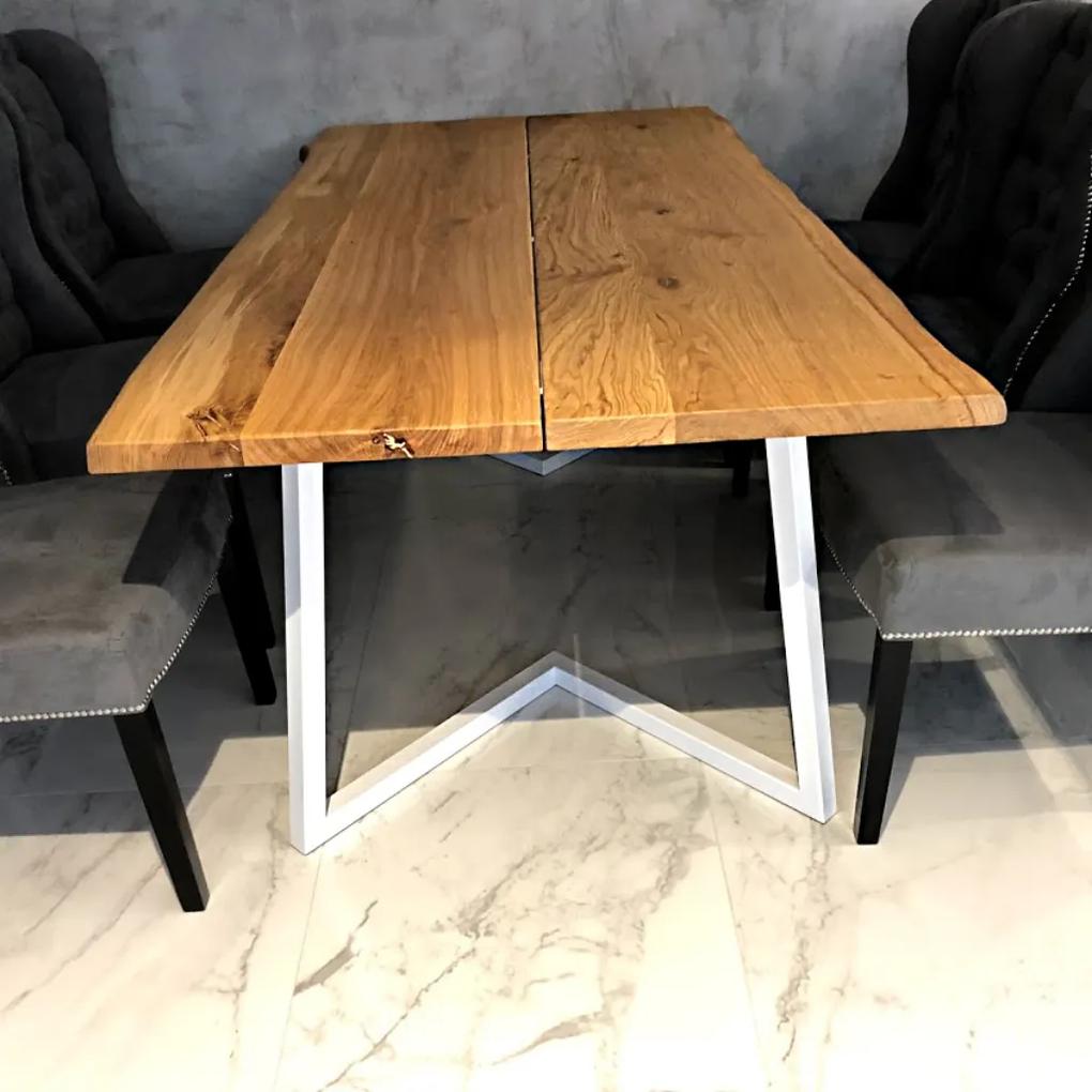 KULHÁNEK Moderní stůl s rustikální hranou a kovovou podnoží "V" Velikost desky: 180x80 cm, Odstín podnože: bílá - RAL 9010
