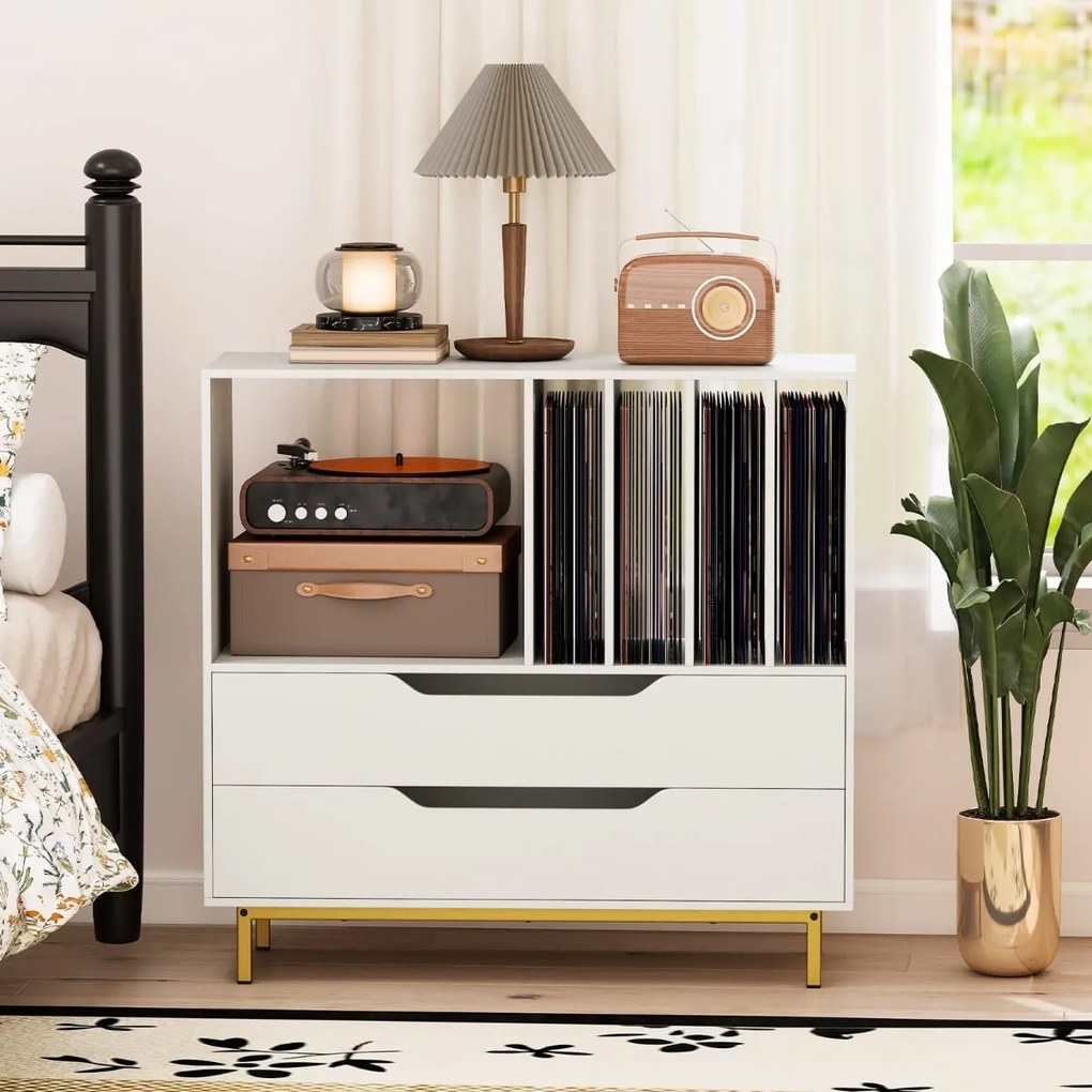 Costway Stojan na gramofon s 4 vinylovými přihrádkami a 2 zásuvkami Retro