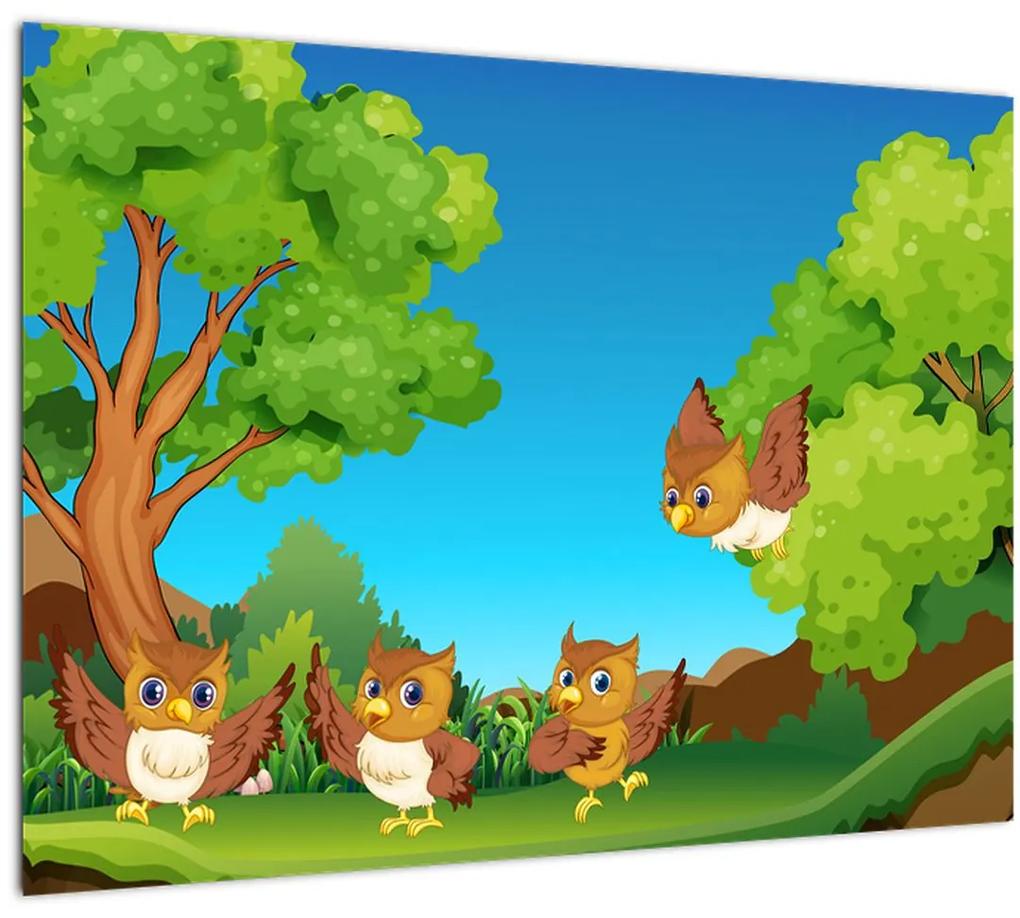 Skleněný obraz - Veselé sovičky (70x50 cm)