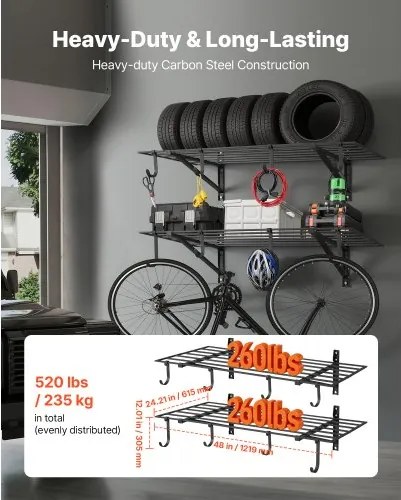 Dvoupatrový vysoce odolný nástěnný regál do garáže, 61 × 122 cm ocelový nástěnný regál s háčky VEVOR