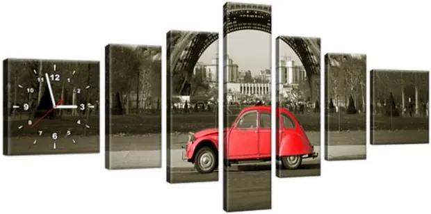 Tištěný obraz s hodinami Červené auto před Eiffelovou věží v Paříži 160x70cm ZP3533A_7C