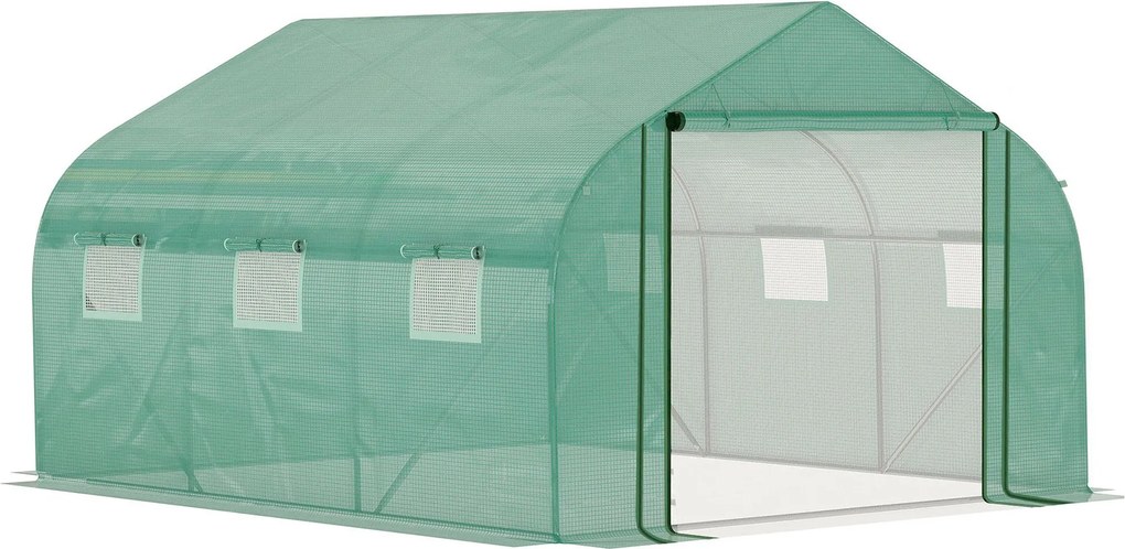 Skleník Outsunny Tunnel Zelený 3,5x3x2 m se dveřmi a 6 rolovacími okny z polyetylenu PE 140g/m² | Aosom