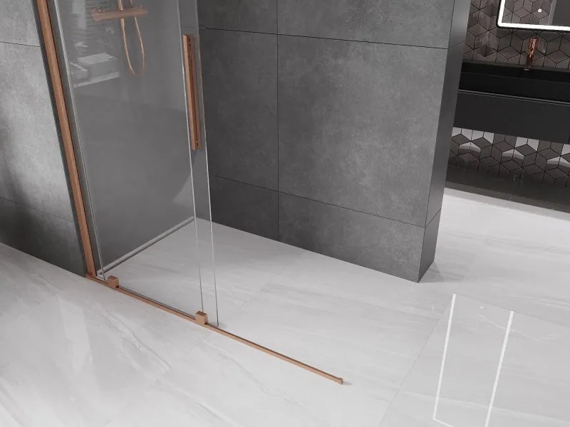 Mexen Velar, posuvné dveře do otvoru typ Walk-In 160 cm, 8mm čiré sklo, měděná matná, 871-160-000-03-65