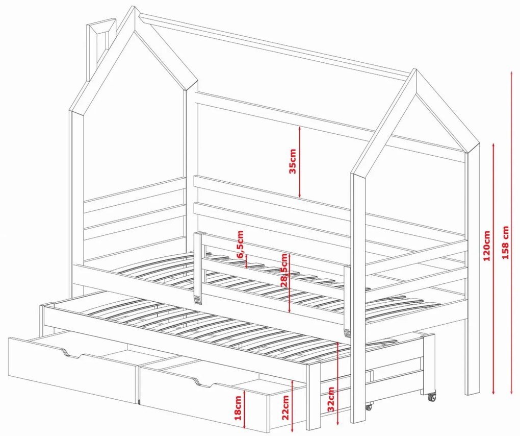 Dětská domečková postel s přistýlkou a šuplíky DAISY - 200x90 cm - bílá