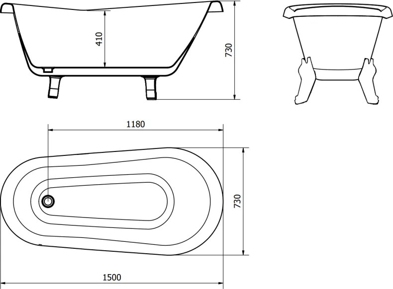 Mexen Retro, volně stojící vana 150 x 73 cm, bílá, černé nohy, 53251507300-70