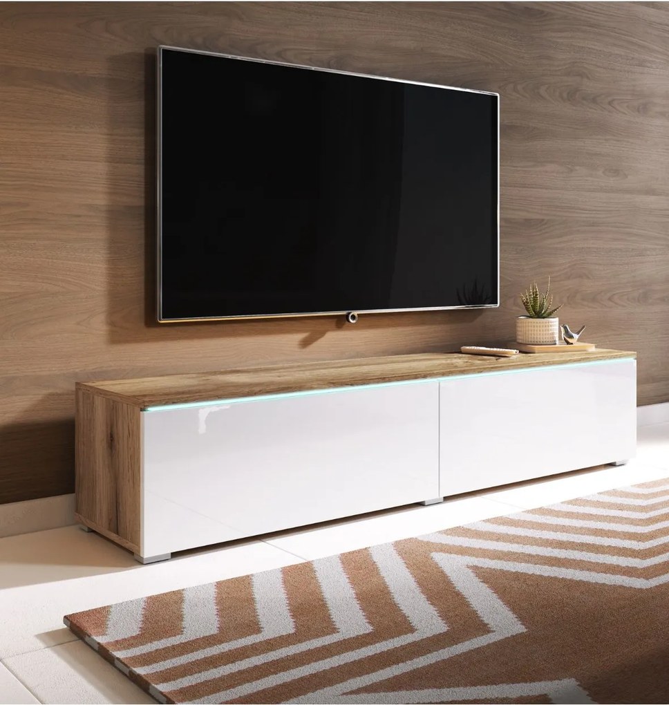 TV skříňka LED 140 cm závěsná nebo stojící dub wotan/bílý lesk Lowboard D