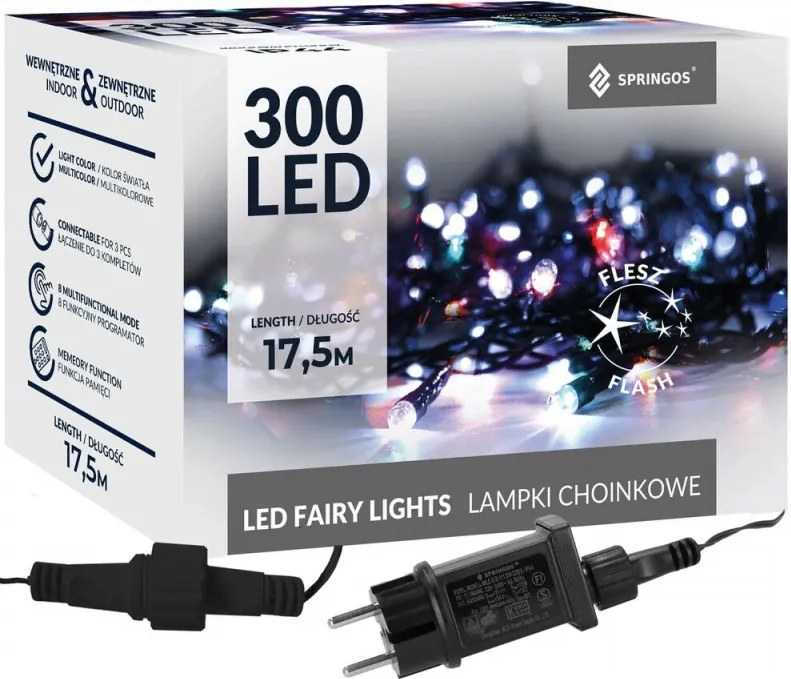 LED světelný řetěz - 17,5m, 300LED, IP44, multicolor + záblesky