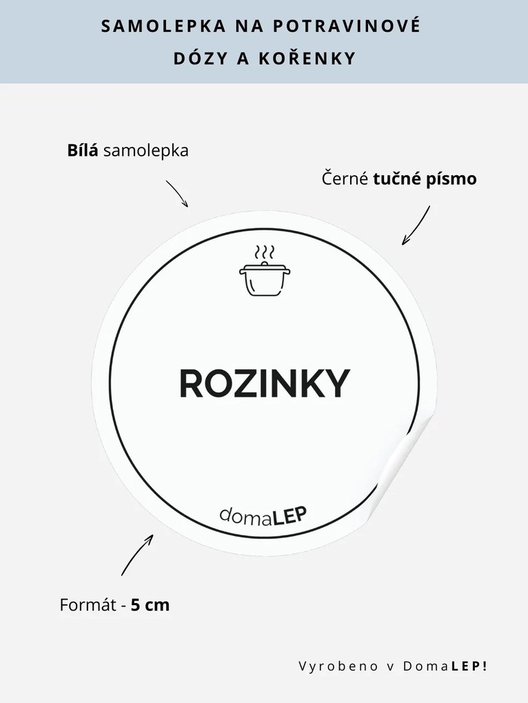 ROZINKY – bílá samolepka na dózu, tučné písmo, 5 cm | DomaLEP