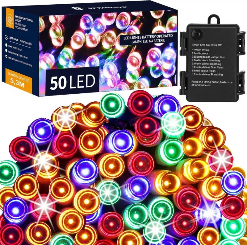LED řetěz - 5m, 50LED, 8-funkcí, časovač, 3xAA, IP44, multicolor