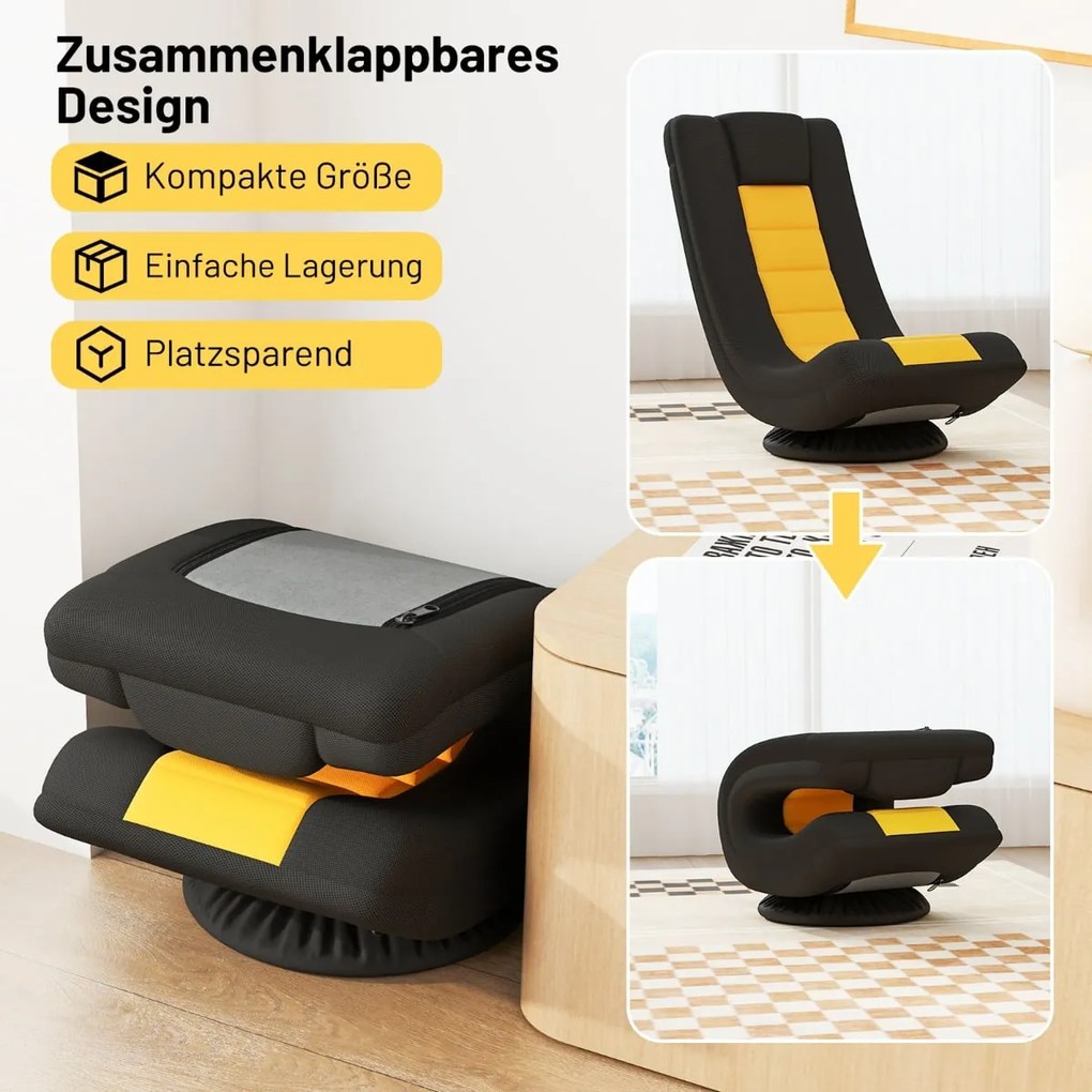 Costway Otočné křeslo na zem s nastavitelným opěradlem, žluté