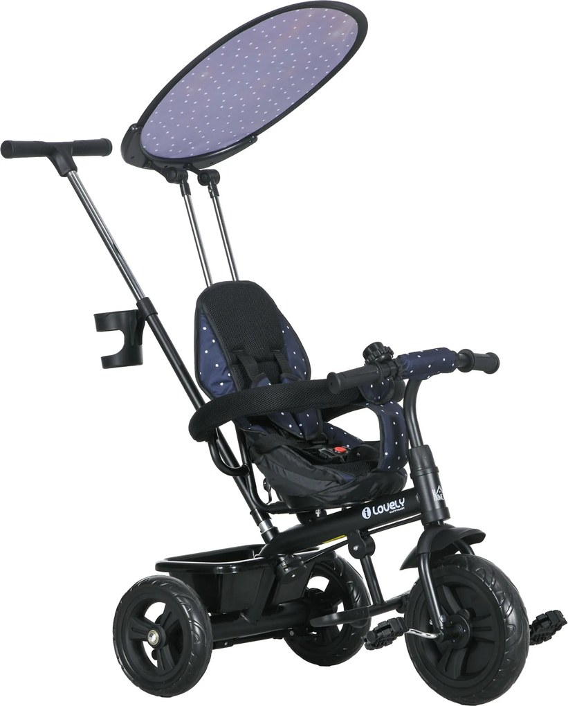HOMCOM 6-in-1 Dětský Tříkolka s Ovládací Rukojetí od 9 Měsíců do 25 kg, Dětská Tříkolka s Odnímatelnou Sluneční Clonou, Bezpečnostním Pásem, Držákem n
