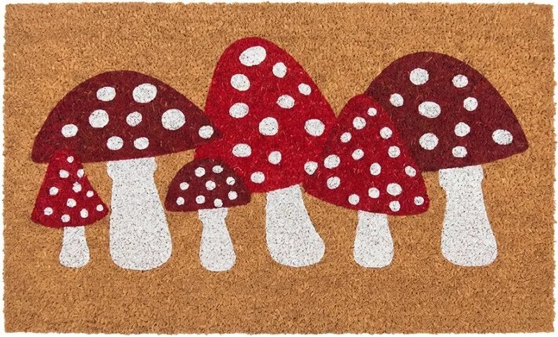 Hnědá kokosová rohožka s muchomůrkami Mushrooms - 75*45*1 cm