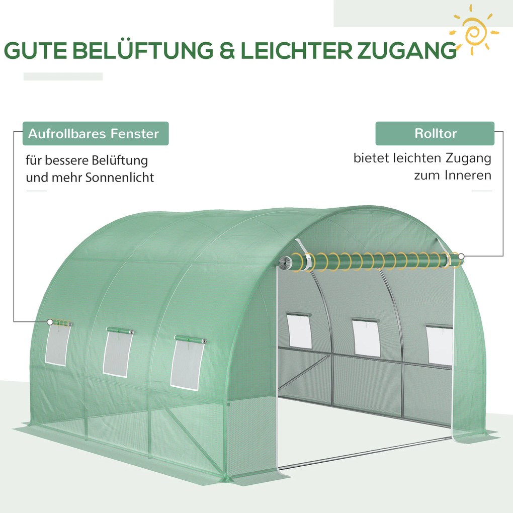 Náhradní plachta Outsunny pro zahradní skleníkový tunel 9 m², rozměry plachty 3L x 3B x 2H m PE anti-UV vodotěsná 6 oken + rolovací dveře na zip Zele…