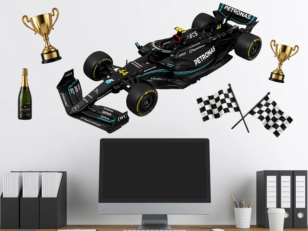 Černá formule Mercedes textilní přelepitelná samolepka na zeď arch 75 x 48 cm