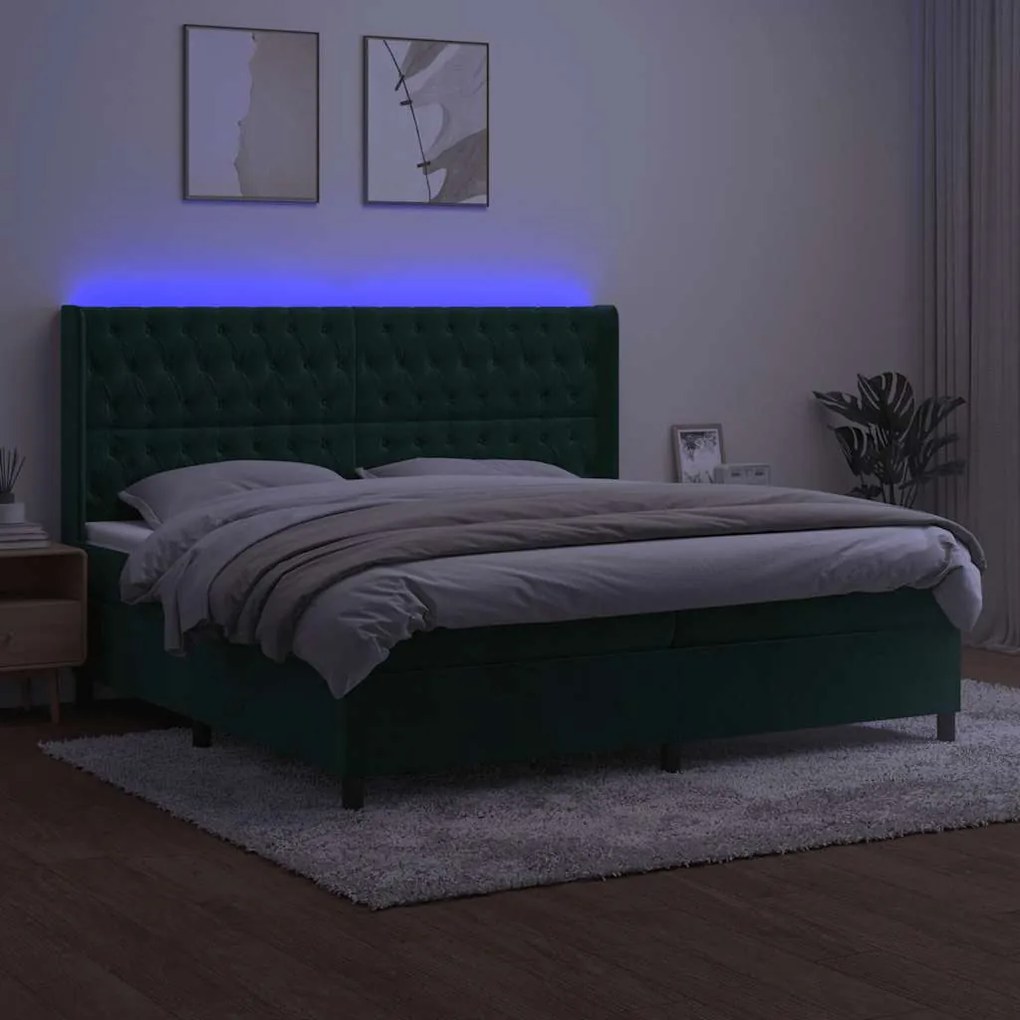 Box spring postel s matrací a LED tmavě zelená 200x200 cm samet 3139766
