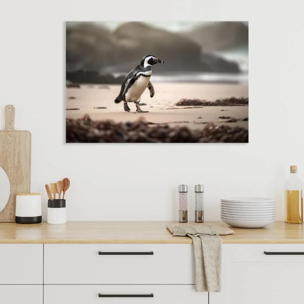 Obraz na plátně - tučňák na pláži s kameny FeelHappy.cz Velikost obrazu: 150 x 100 cm