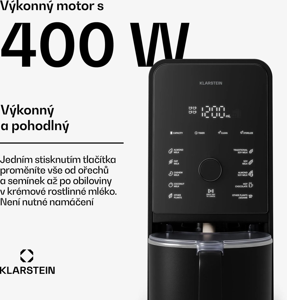 Klarstein Marcia Touch ořechový mléčný automat 1,2 litru 6 nerezových nožů 1200 W 10 + 2 programy