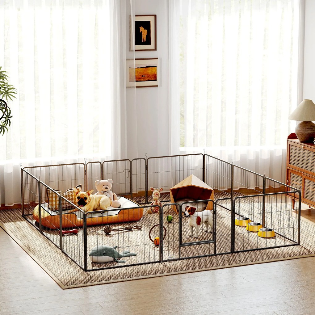 PawHut výběh, 60 cm vysoký výběh pro štěňata s dvířky, ohrádka pro štěňata, výběh pro psy s 12 panely, výběh pro psy, ocel, černá