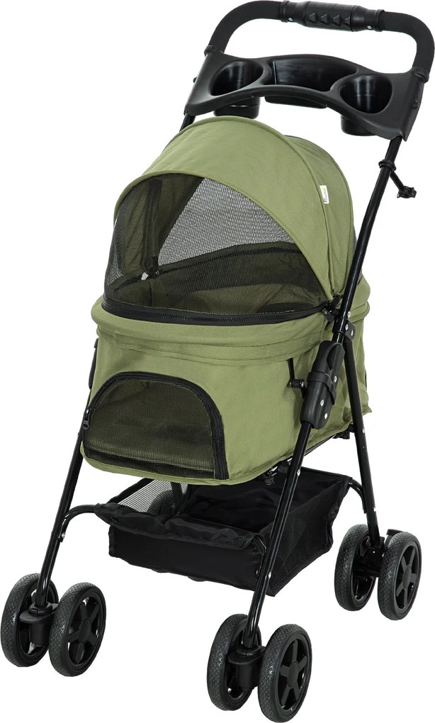 Kočárek pro domácí zvířata PawHut Dog Buggy s funkcí skládání pro malé psy a kočky, vozík pro psy, kočárek pro kočky Oxford tmavě zelený 67 x 45 x 96