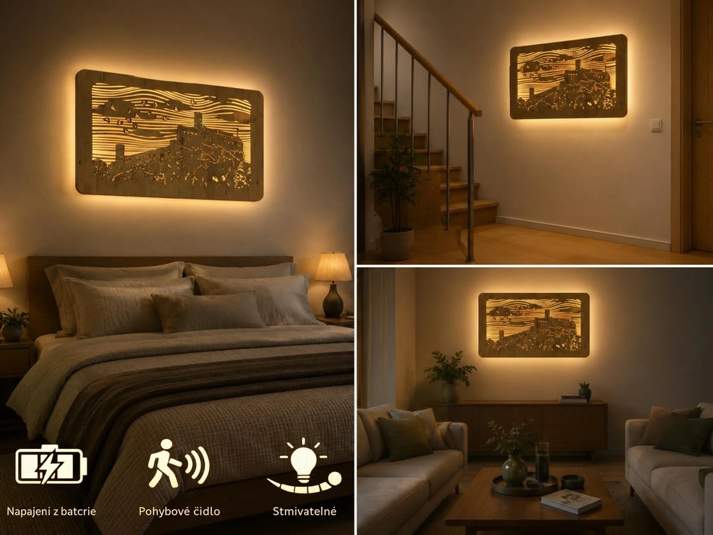 Li-Go "Bezděz" světelný obraz s baterií a pohybovým čidlem 100x50 cm provedení povrchu: dub světlý