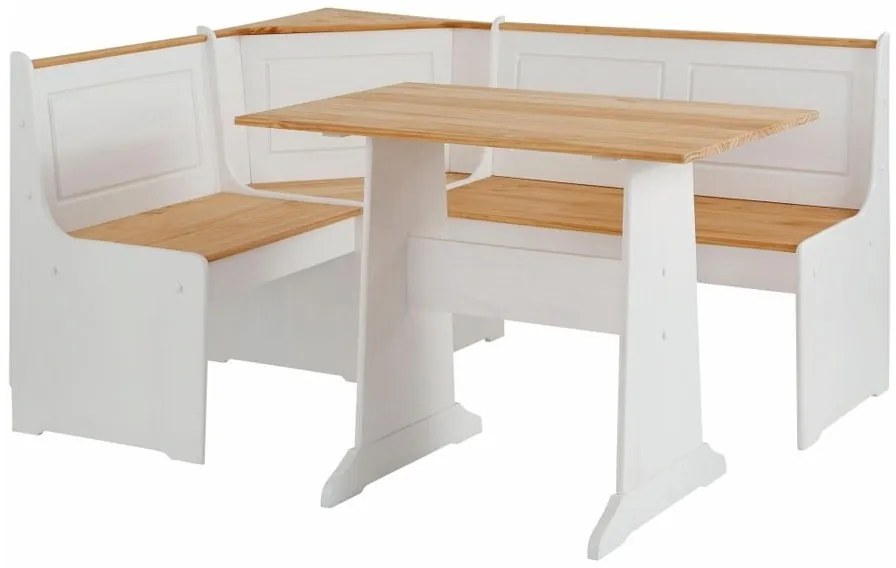 Set bílé rohové lavice a jídelního stolu z masivního borovicového dřeva Støraa Samantha