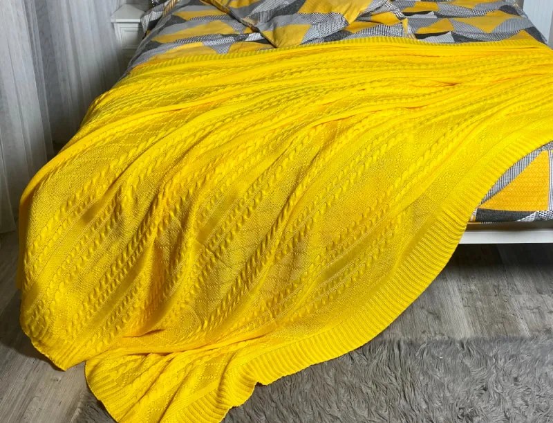 Pletená multyfunkční deka-přehoz na postel-žlutá, 220x240 cm