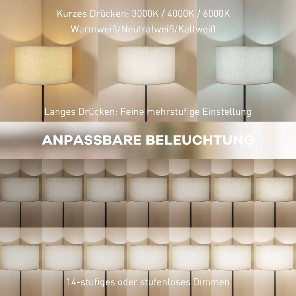 HOMCOM Stojací lampa s dálkovým ovládáním, výškově nastavitelná, látkové stínidlo, kovový stojan, nastavitelná jas, nožní spínač, černá