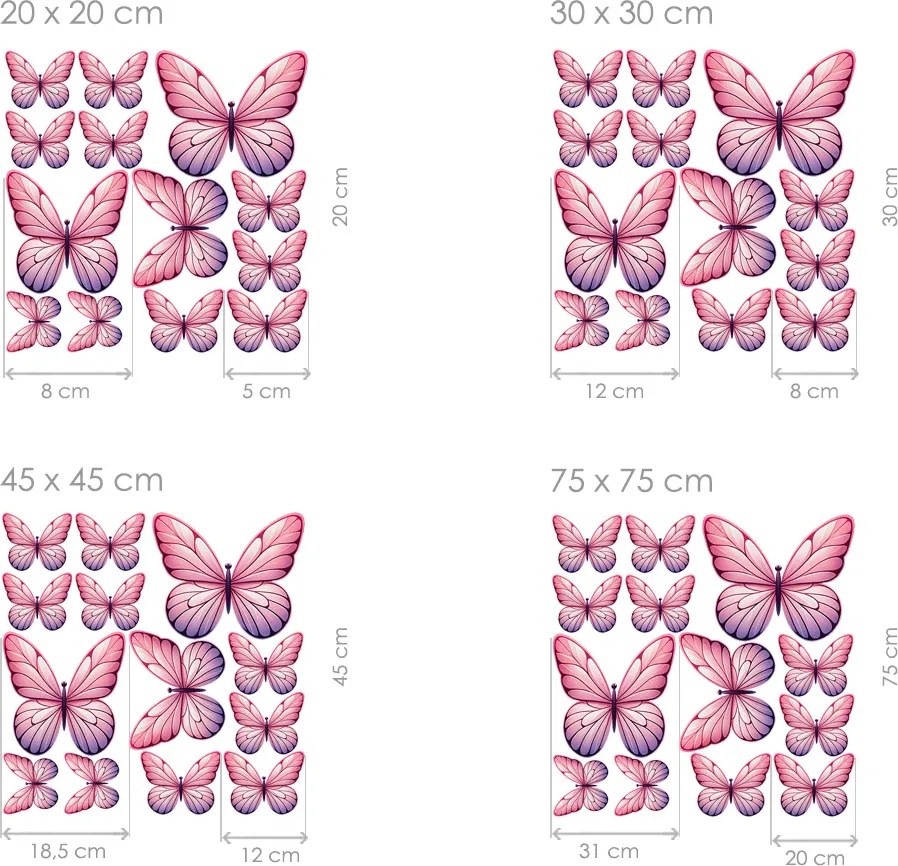 Motýli světle růžoví 13 ks textilní přelepitelné samolepky na zeď arch 30 x 30 cm