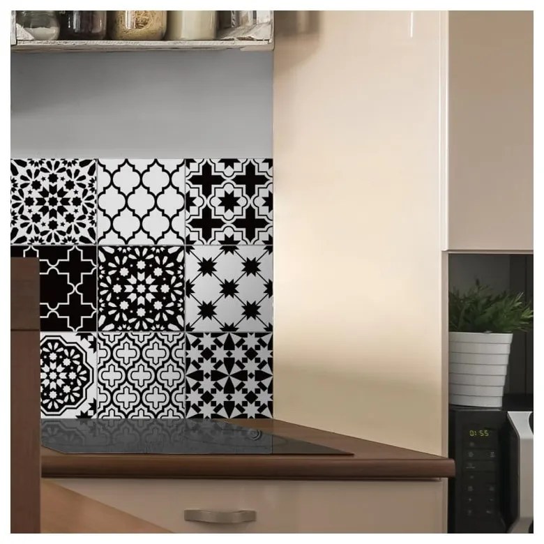 Sada 9 nástěnných samolepek Ambiance Classic Azulejos Black and White Shade, 10 x 10 cm