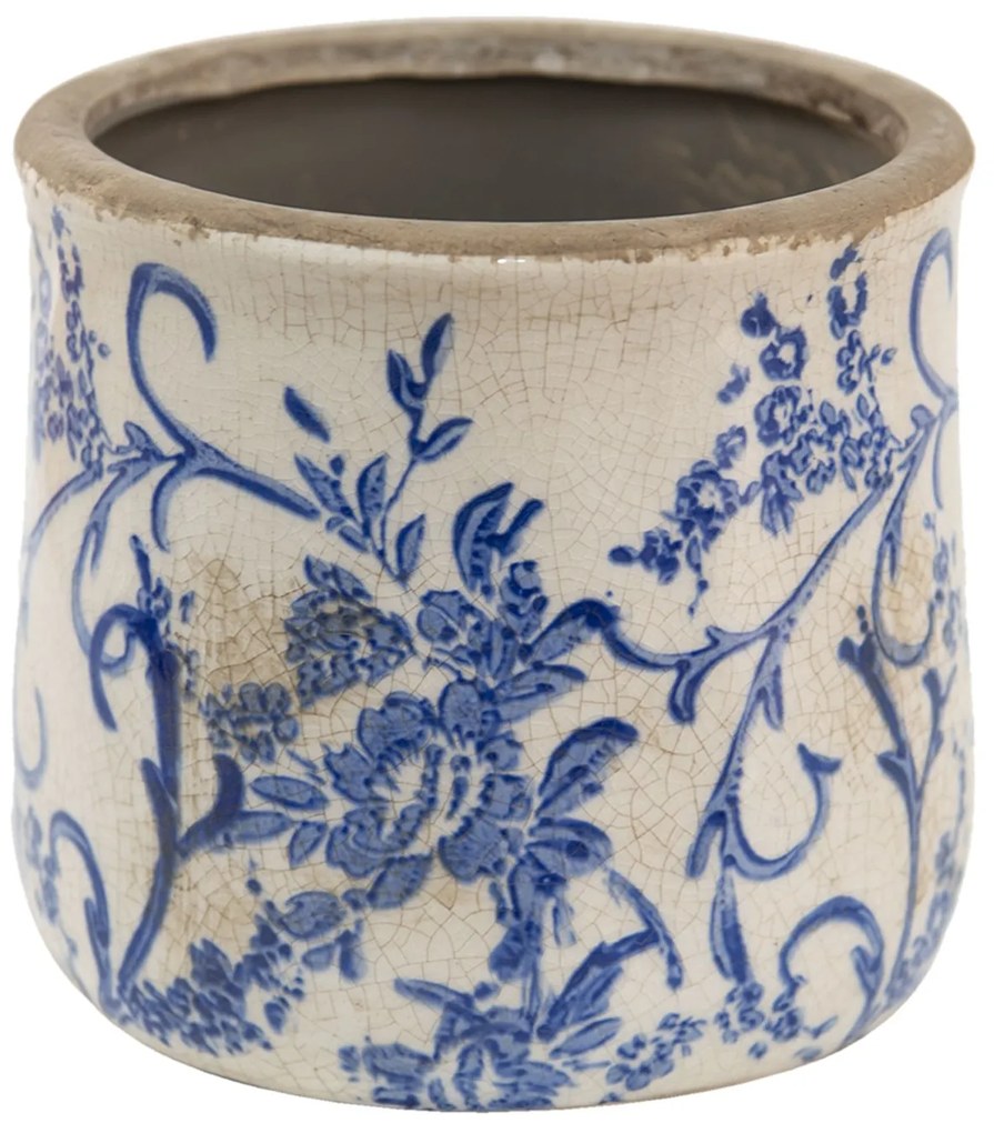 Keramický obal na květináč s modrými květy Saten - Ø  17*16 cm