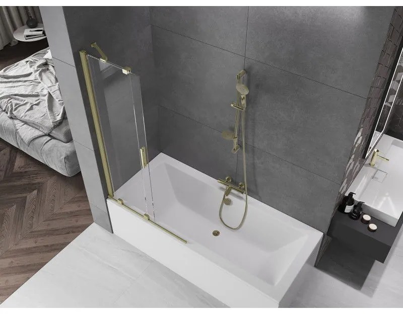 Mexen Velar, 2-křídlová posuvná vanová zástěna 90 x 150 cm, 8mm čiré sklo, zlatý matný profil, 896-090-000-01-55